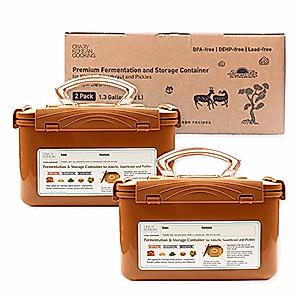 Crazy Korean Cooking Premium Kimchi, Sauerkraut Fermentation and Storage Container with Inner Vacuum Lid, Sandy Brown 1.3 Gal (5.2L) 2 PACK