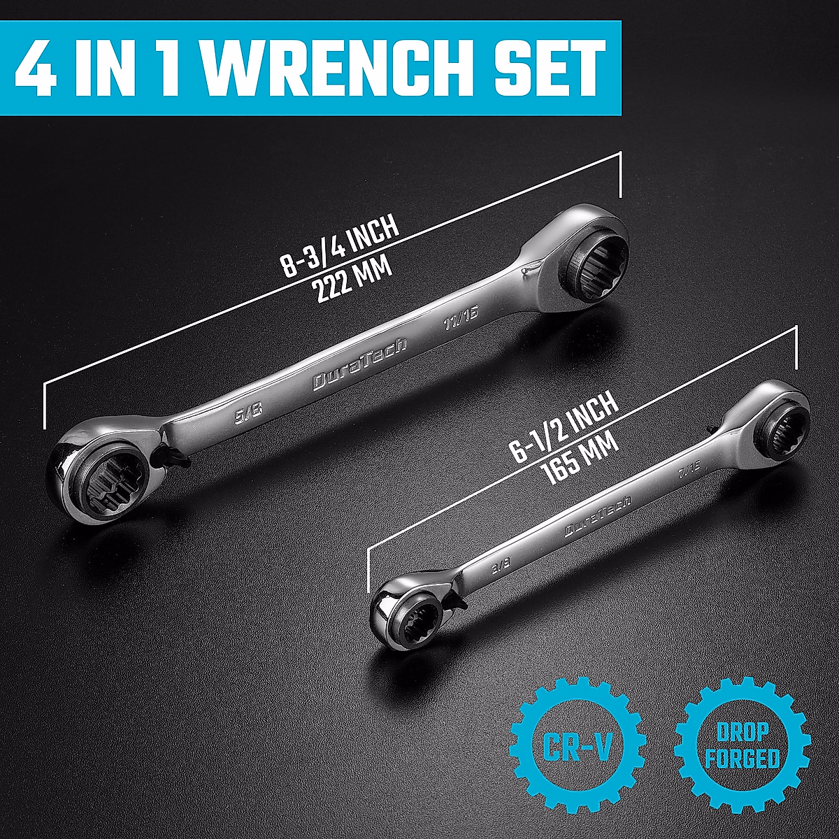 DURATECH 4-in-1 Reversible Ratcheting Box Wrench Set, Double Box End, SAE, 2-Piece, 5/16, 3/8, 7/16, 1/2 & 9/16, 5/8, 11/16, 3/4-Inch, CR-V Steel, Mirror Polished, with Rolling Pouch
