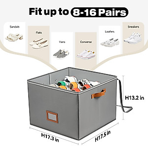 Delamu Shoe Organizer for Closet, Fabric Shoe Storage Boxes/Clear Cover, Adjustable Dividers for Storage Bins/Bottom Support, Foldable Space-saving Storage Cabinet with Handles, Fits 8-16 Pairs, Grey