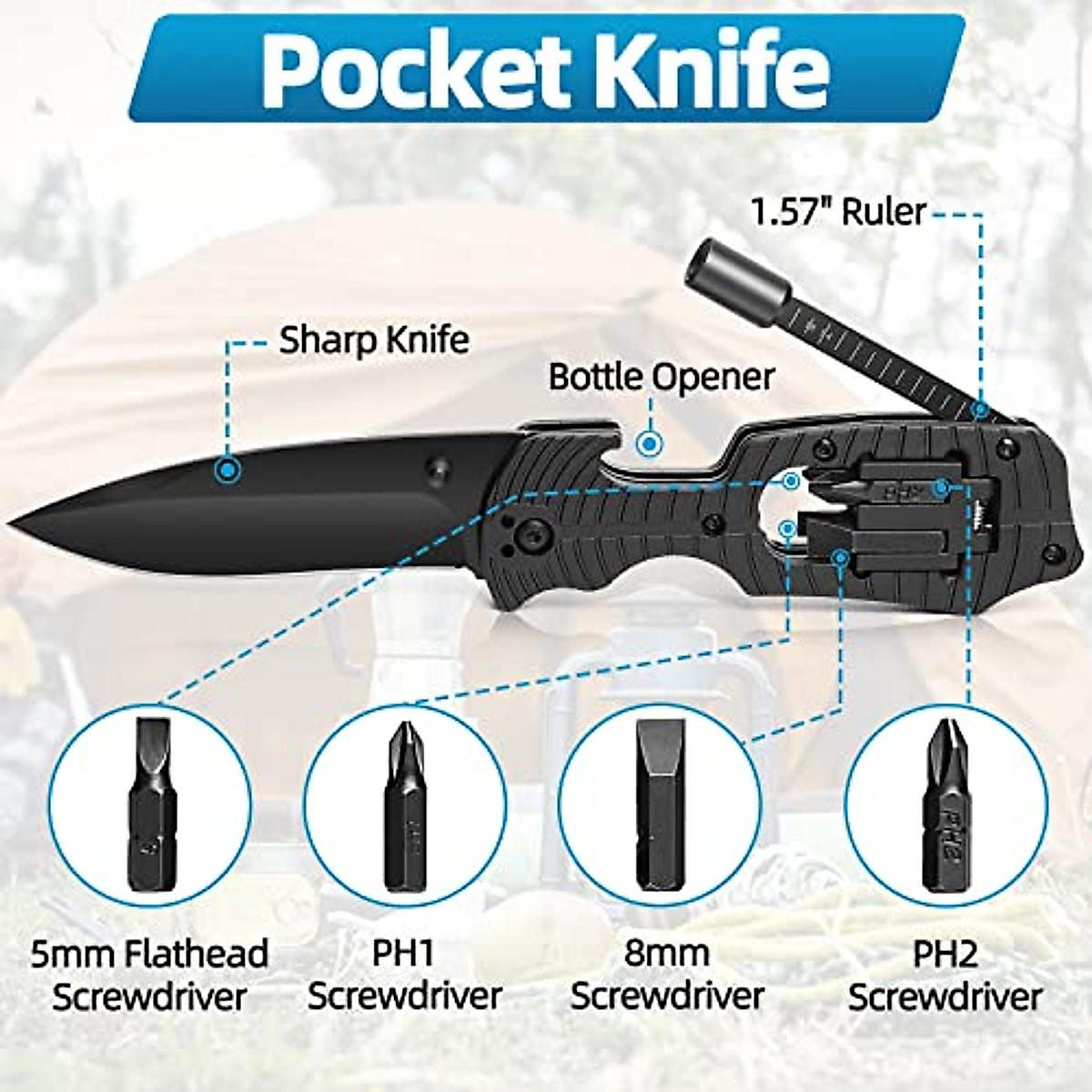 Pocket Knife, Christmas Stocking Stuffers 7 In 1 Multitool Stainless Steel Folding Knife with Screwdrivers Safety Lock Camping Accessories Survival Gear Gifts for Him Men Dad Husband Boyfriend (Black)