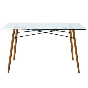 Versanora Minimalista Glass Dining Table Mid-Century Modern Style with Metal Legs for Kitchen Living Room Study Home Office, 30 inch Height, Glass/Wood Grain