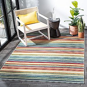 SAFAVIEH Cabana Collection 6'7" x 9' Ivory/Green CBN323A Stripe Indoor/ Outdoor Non-Shedding Easy-Cleaning Patio Backyard Porch Deck Mudroom Area-Rug