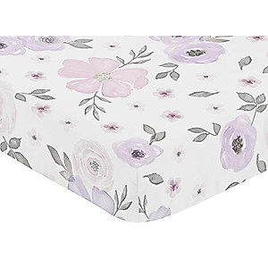 Sweet Jojo Designs Lavender Purple, Pink, Grey and White Baby or Toddler Fitted Crib Sheet for Watercolor Floral Collection - Rose Flower