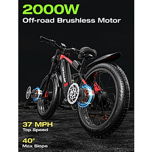 tifgalop Adult Electric Bike, 2000W Motor Maximum Speed 37MPH and 52V 22Ah Detachable Lithium Battery, Maximum Range 80km, 26 Inch Fat Tire Mountain Snow Beach Electric Bike