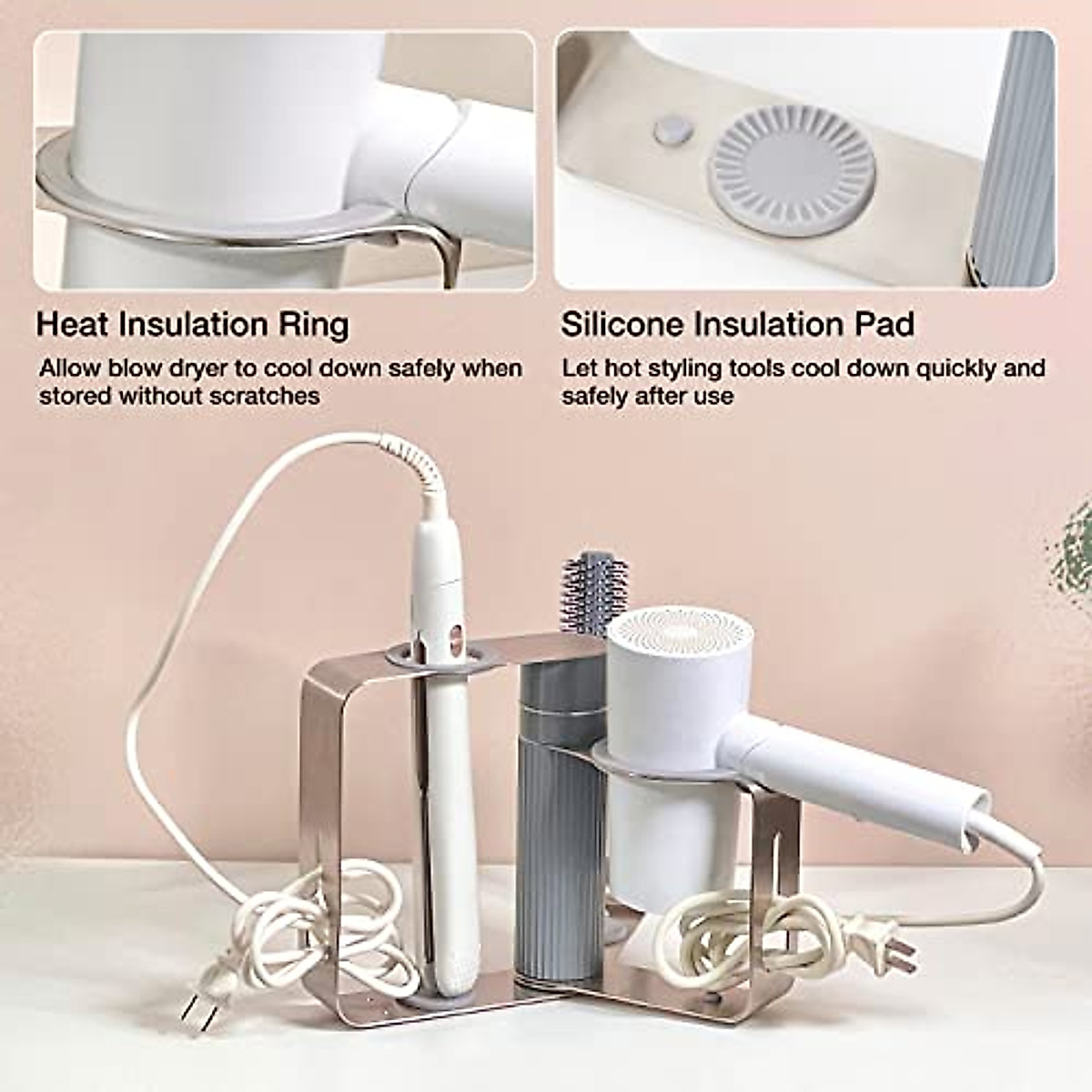 GREENTEC Foldable Hair Dryer Holder, 3 in 1 Hairstyling Tools Organizer, Curing Wand Stand, Heat Resistant Organizer for Flat Iron, Stainless Steel Holder for Bathroom, Cabinet, Salon Station