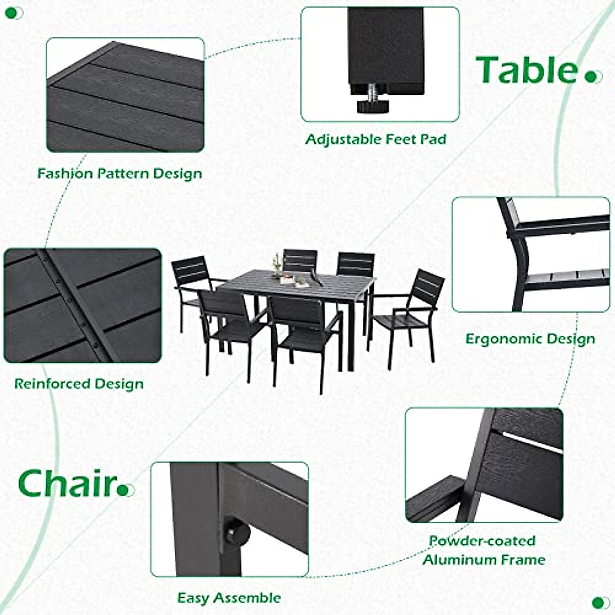 AECOJOY 7 Piece Outdoor Dining Set, Aluminum Patio Table and Chairs Set for 6 with Rectangular Table and Stackable Chairs for Garden, Backyard, Black