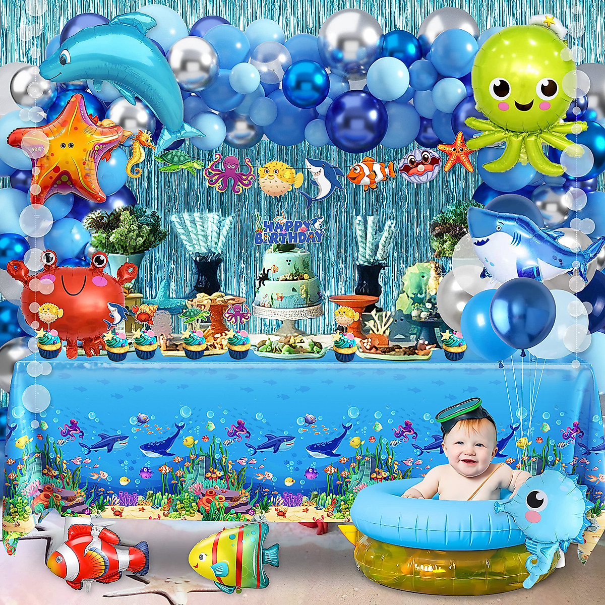 Under the Sea Party Decorations 98Pcs, Ocean Theme Birthday Party Supplies Include Backdrop Tablecloth Bubble Garlands Cake Topper Ocean Animals Balloons for Pool Beach Party Baby Shower (Ocean-01)