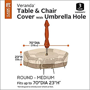 Classic Accessories 55-461-031501-00 Veranda Water-Resistant 70 Inch Round Patio Table & Chair Set Cover with Umbrella Hole,Pebble,Medium, Outdoor Table Cover