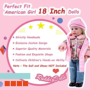 Rakki Dolli Doll Clothes 4 Piece Set Includes Pink Flower Snow Jacket, Knitted Wool Hat, Scarf and Hipster Jeans Fits for 18" American Girl Dolls (Doll and Shoes Not Included) 008