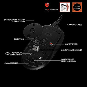 Logitech G PRO Wireless Gaming Mouse, Hero 16K Sensor, 16,000 DPI, RGB, Ultra Lightweight, 4 to 8 Programmable Buttons, Long Battery Life, On-Board Memory, Built for Esport, PC / Mac - Black