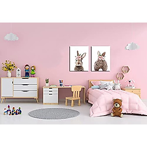 Girls Nursery Wall Art Bunny Rabbit with Pink Flower Crown Canvas Print Wall Decor Woodland Animal Posters Kids Room Set of 2 Bedroom Deccoration Framed Wall Art