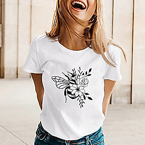 Womens Spring Summer Bees Printed Short Sleeve O Neck T Shirt Top White