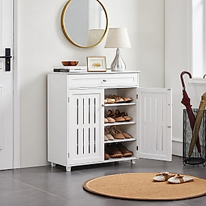 Yaheetech Shoe Cabinet, 4-Tier Shoe Storage Cabinet with Drawer & Adjustable Shelves, Wooden Shoe Rack Organizer with Louvered Doors for Entryway, Hallway, Bedroom, Closet, Living Room, White