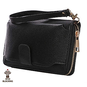 Women Wristlet Wallet with Cell Phone Holder Zip Around Handbag Black Large