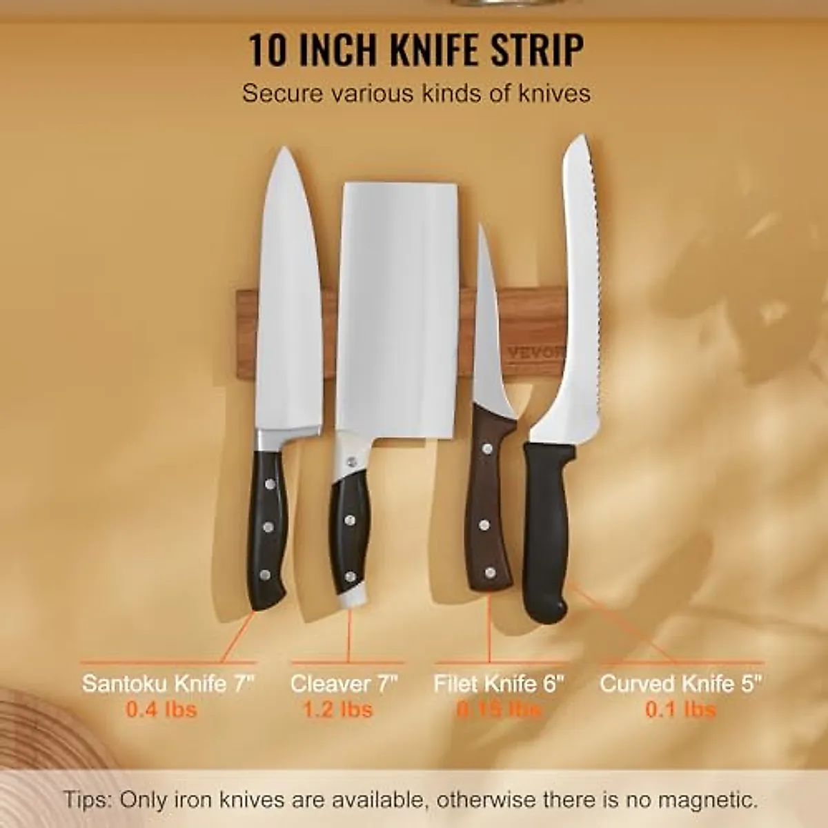 VEVOR Magnetic Knife Holder 10", Enhanced Strong Magnet, No Drilling Knife Strips Organizer for Wall, Multifunctional Storage Acacia Wood Knives Rack Kitchen Bar Knives Christmas Crafts Xmas Gift