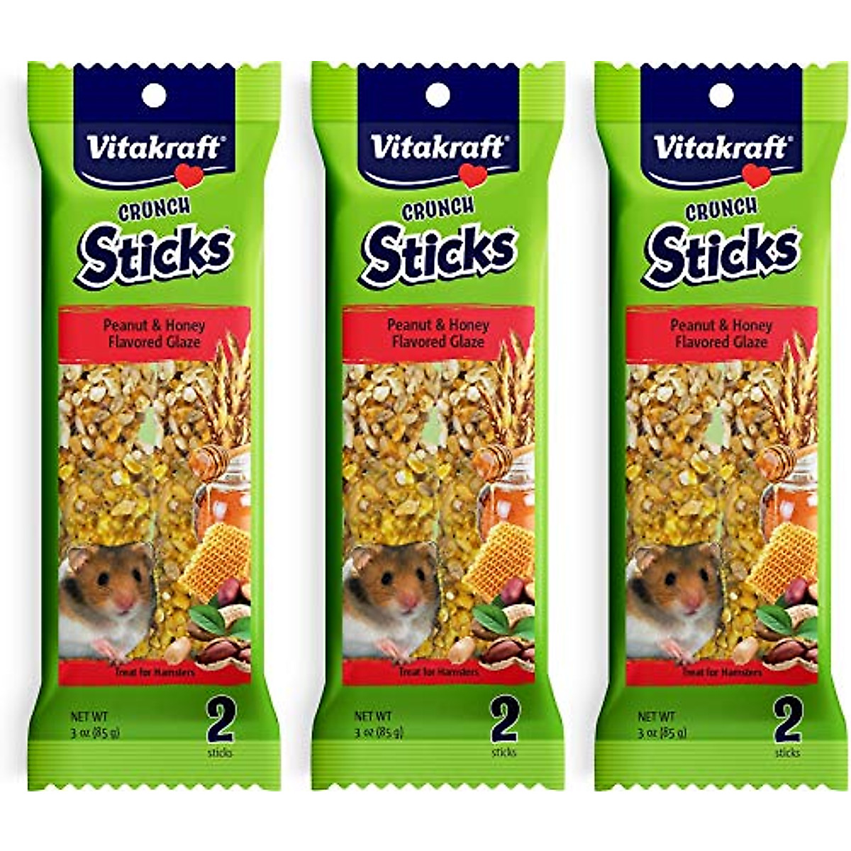 Vitakraft 3 Pack of Peanut and Honey Crunch Sticks Hamster Treats, 2 Sticks Each