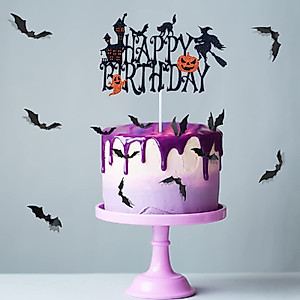 Halloween Happy Birthday Witch Cake Topper with 30 Pieces 3D Bats Cake Decoration Black Glittery Halloween Pumpkin Cake Topper Ghost Cake Picks for Birthday Halloween Party Supplies