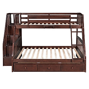 Bellemave Twin Over Full Bunk Bed with Stairs and Storage Drawers, Wood Bunk Bed Frame with Three Drawers and Shelves, Modern Detachable Bunked Frame for Kids Boys Girls Teens, Espresso