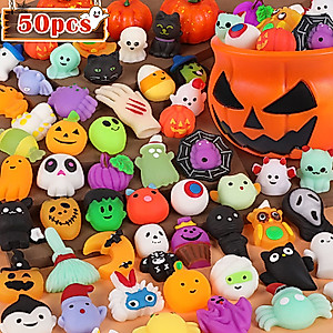 50PCS Halloween Mochi Squishy Toys with Halloween Pumpkin Bucket Halloween Party Favors Trick or Treat Goodie Bag Filler Halloween Decorations Kawaii Squishy Halloween Toys Gifts for Boy Girl Random