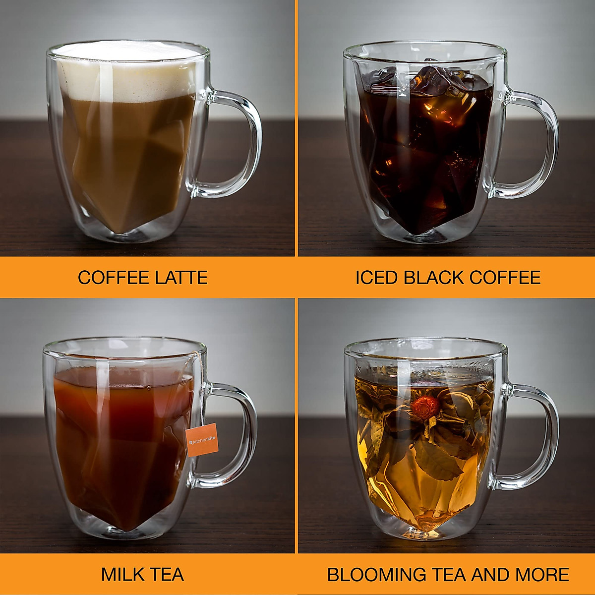 Double Wall Glass Coffee Mugs 16 oz - Large Clear Set of 2 - Patent Pending Geometric Modern Novelty Design - Insulated & Double Walled Glass Coffee Mugs. Ideal for Latte & Cappuccino