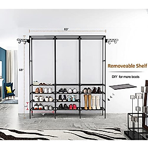Kertnic 4-Tier Shoe Rack Storage Organizer for Entryway, Free Standing Black Shoes Rack and Boots Racks, Versatile Shoe Shelf Stand with Coat Hanging Garment Rack for Bedroom
