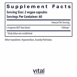 Vital Nutrients - Arginine - L-Arginine Amino Acid Support for Circulatory and Heart Health - 120 Vegetarian Capsules per Bottle - 1500 mg