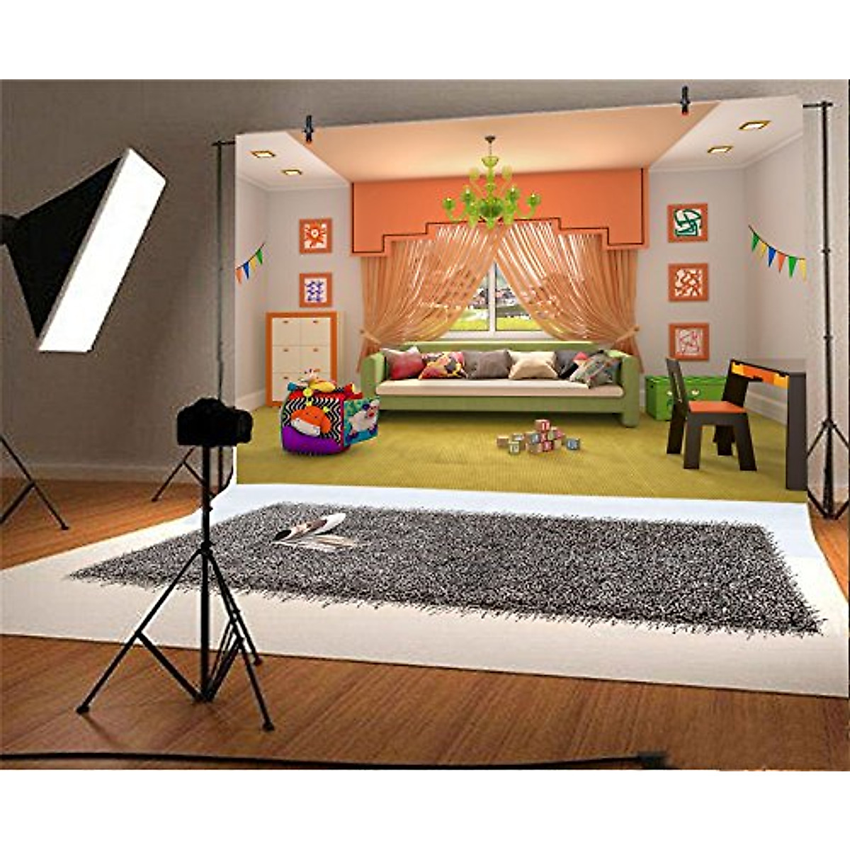 CSFOTO Polyester 7x5ft Kids Room Backdrop Crystal Chandeliers Orange Curtain Sofa Desk Block Word Cosy Video Backdrops Background Home Office Decor Backdrops for Video Recording