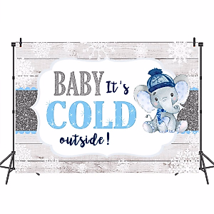Mocsicka Baby It's Cold Outside Backdrop Rustic Floor Boy Girl Elephant Baby Shower Photography Background Winter White Snowflake Princess Newborn Cake Table Decoration Photo Booth (5x3ft)