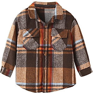 Acuteok Toddler Long Sleeve Shirt Baby Boy Girl Casual Plaid Button Down Flannel Shirt Tops for Kids Fall Winter Clothes (A Brown,3-4T)