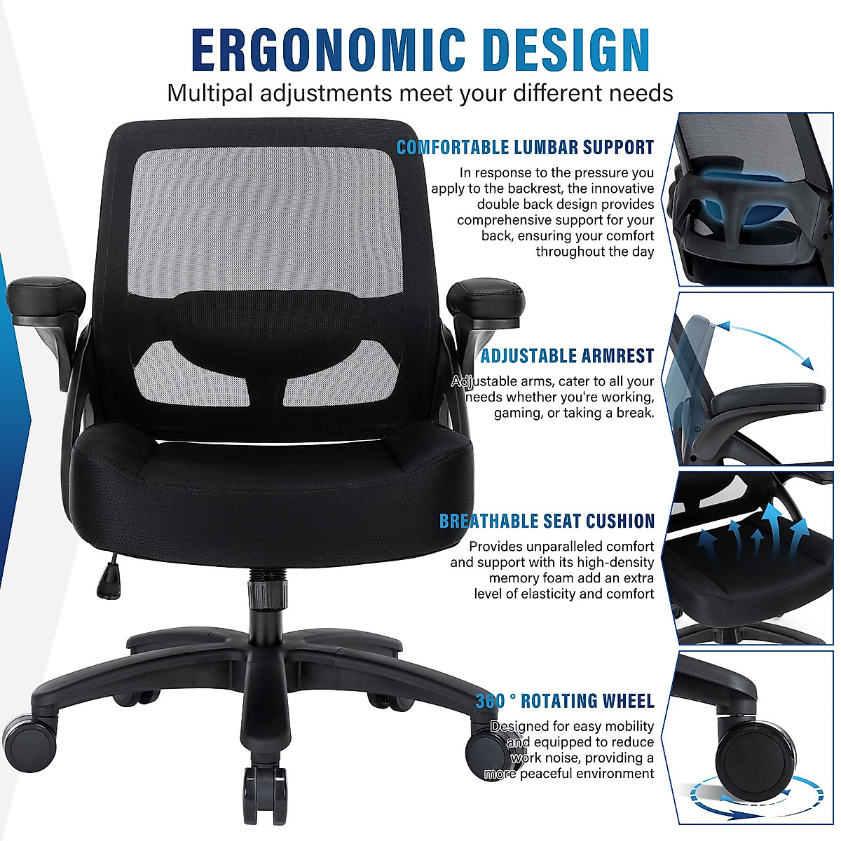 400lb Big and Tall Office Chair, Ergonomic Mesh Desk Chair with Flip Arms,Heavy Duty Home Office Desk Chair, Wide Seat Computer Chair for Heavy People, Executive Rolling Swivel Task Chair for Adults