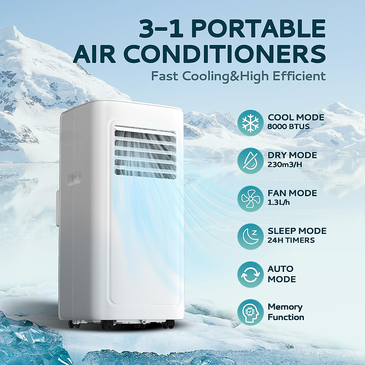EUHOMY 8,000 BTU Portable Air Conditioner Floor Room AC Unit with Cool, Dehumidifier, Fan Mode,Portable Cooling AC Unit with Installation Kit with Remote Control up to 350 sq. ft.,White