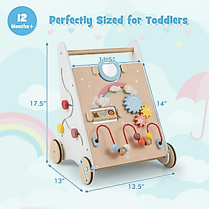 BABY JOY Wooden Baby Walker, Push and Pull Sit-to-Stand Learning Walker Activity Center, Toddler Montessori Educational Toy, Develops Motor Skills & Stimulates Creativity, Push Walker for Boys Girls