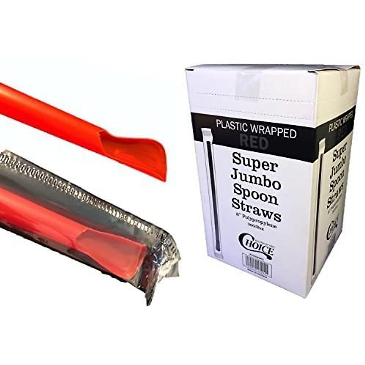 Choice 8" Super Jumbo Red Individually Wrapped Spoon Straws {Sanitary Plastic Wrapper} - 300/Box