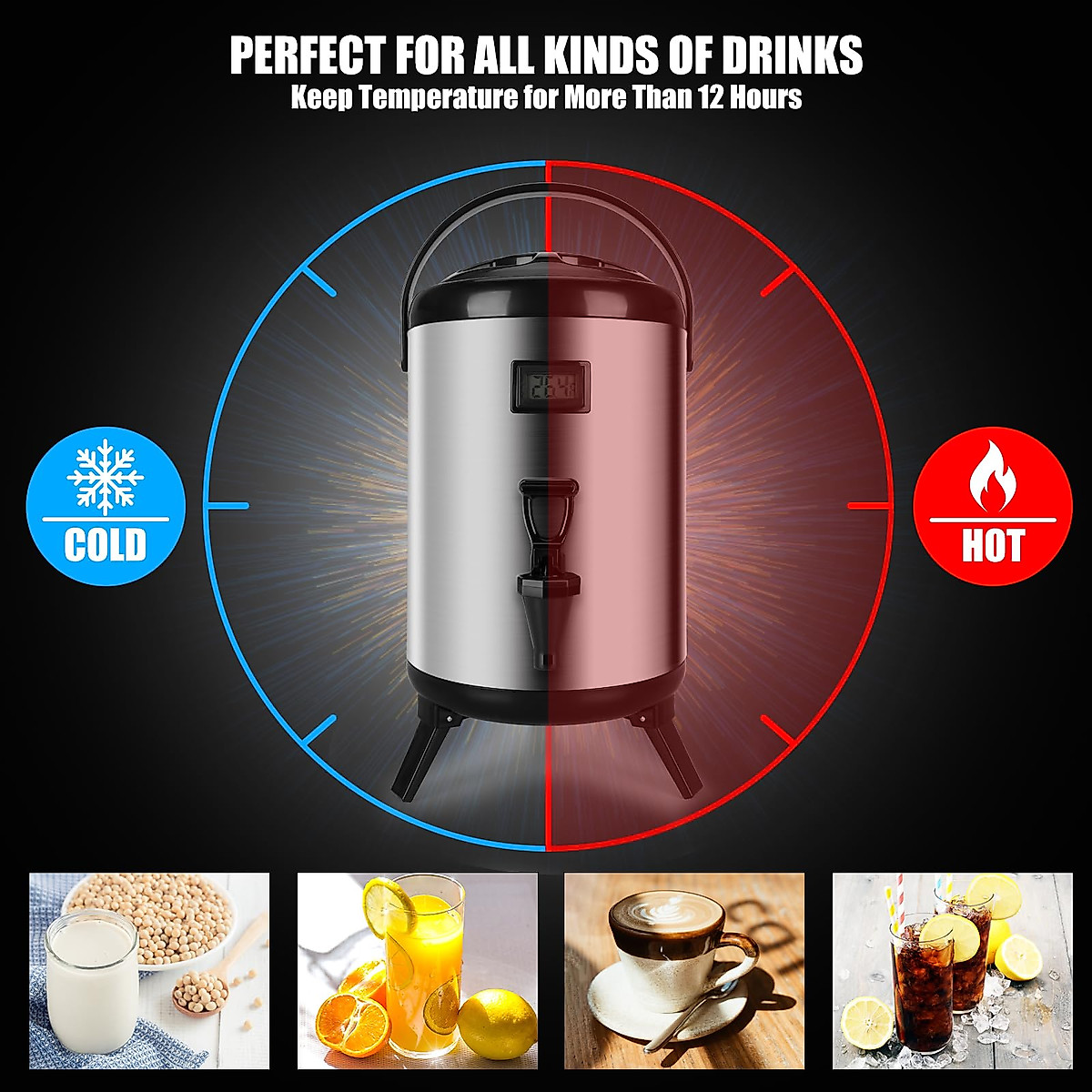 Insulated Beverage Dispenser 12 QT/3.2 Gallon, Stainless Steel Beverage Dispenser Cold and Hot Drink dispenser with Thermometer-Spigot for Hot Tea & Coffee, Cold Milk, Water, Juice