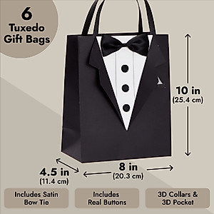 Tuxedo Gift Bag Set for Wedding Groomsman, Bachelor Party Favors (Black, 6 Pack)