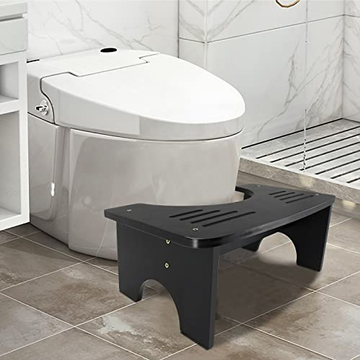 Bamboo Toilet Potty Stool for Adults, 7" Squatting Toilet Poop Stool, Bathroom Toilet Stool with Non-Slip Mat, Halloween Original Simple Design Toilet Step Stool Healthy Gifts for Kids Seniors. Black