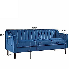 KNAMOTL Mid Century 3 Seats Velvet Chesterfield Sofa Couch with Storage Side Pocket, Upholstered Tufted Comfortable Sofa with Armrest for Bedroom Apartment Home Office, Space-Saving (Blue)