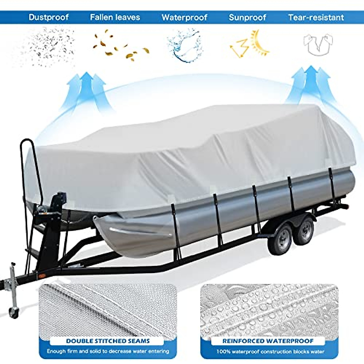 Solim Trailerable 800D PU Heavy Duty Pontoon Boat Cover, 22-24ft Waterproof Marine Grade Oxford UV Resistant Polyester Canvas Cover, Boat Cover for Pontoon with Adjustable 14 Tie Down Straps, Gray