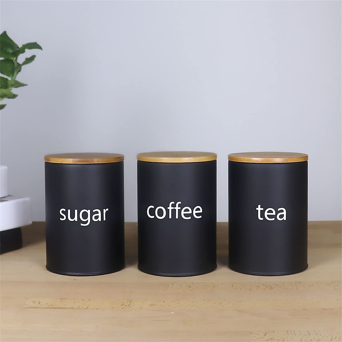 SOTECH Metal Food Storage Jar Farmhouse Coffee Canisters with Bamboo Lids,Black Kitchen Canisters Set of 3 Decorative Canisters for Kitchen Counter,Home Decor,Sugar Coffee and Tea Container Set