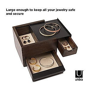 Umbra Mini Stowit Jewelry Box - Modern Keepsake Storage Organizer with Hidden Compartment Drawers for Ring, Bracelet, Watch, Necklace, Earrings, and Accessories,Black/Walnut