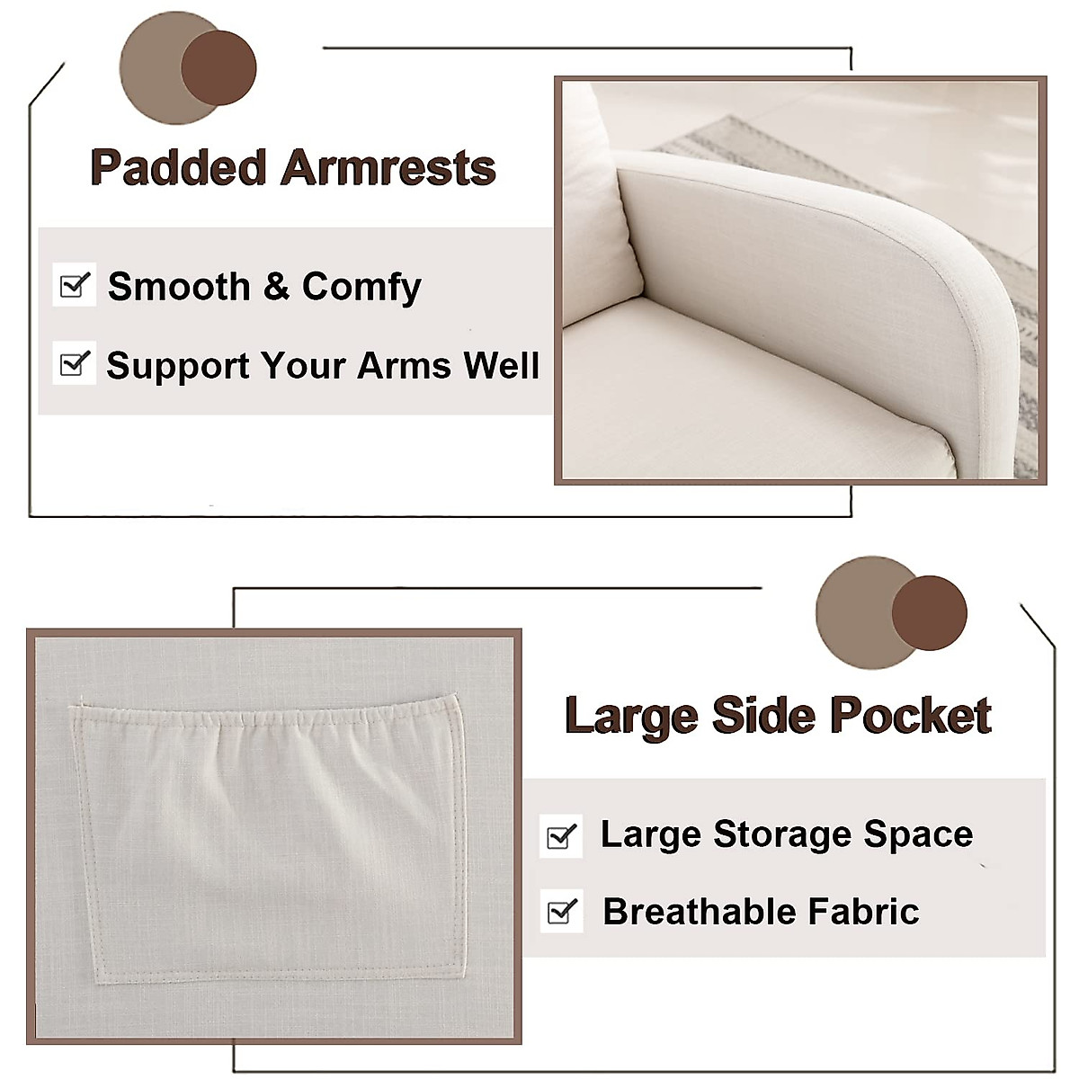 Antetek Modern Accent Rocking Chair, Upholstered Nursery Glider Rocker for Baby and Kids, Comfy Armchair with Pocket, Living Room Lounge Arm Chair, High Backrest with Decorative Buttons, Off White