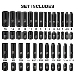 Mayouko 50PCS 1/4 Inch Drive Master Impact Socket Set,Metric/SAE,Deep/Shallow,6 Point,CR-V, 5/32 Inch - 9/16 Inch, 4mm - 15mm.