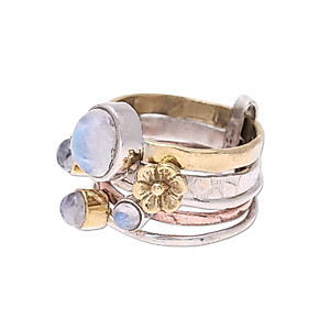 NOVICA Artisan Handmade Rainbow Moonstone Cocktail Ring Mixed Metals Floral from India Copper Sterling Silver Brass Clear Multi Gemstone [ring Front 0.8 in L x 0.8 in W x 0.3 in H Band Width 10 mm W]