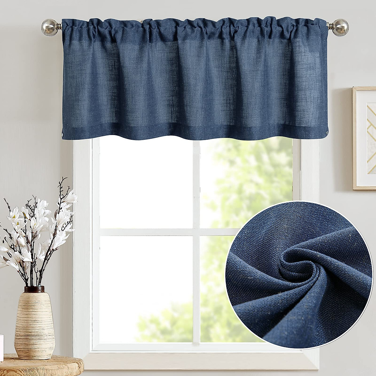 jinchan Linen Valance for Kitchen Living Room Rod Pocket Small Window Curtains Flax Linen Textured Valance Curtains Farmhouse Country Rustic Window Treatments Valance 1 Panel 15 Inch Indigo Blue