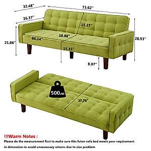 Setawix Linen Futon Sofa Couch Bed Button Tufted Convertible Sleeper Sofa Beds Reclining Armed 3 Seater Sofas Couches for Living Room Bedroom Apartment Small Spaces (Green)