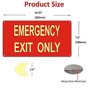 (2Pack) Photoluminescent Emergency Exit Sign Red, Glow In The Dark Aluminum Exit Sign - Adhesive Backing - 4pcs Removable Arrows Included - 14.25 x 7.5 Inches - Non Electrical Exit Sign