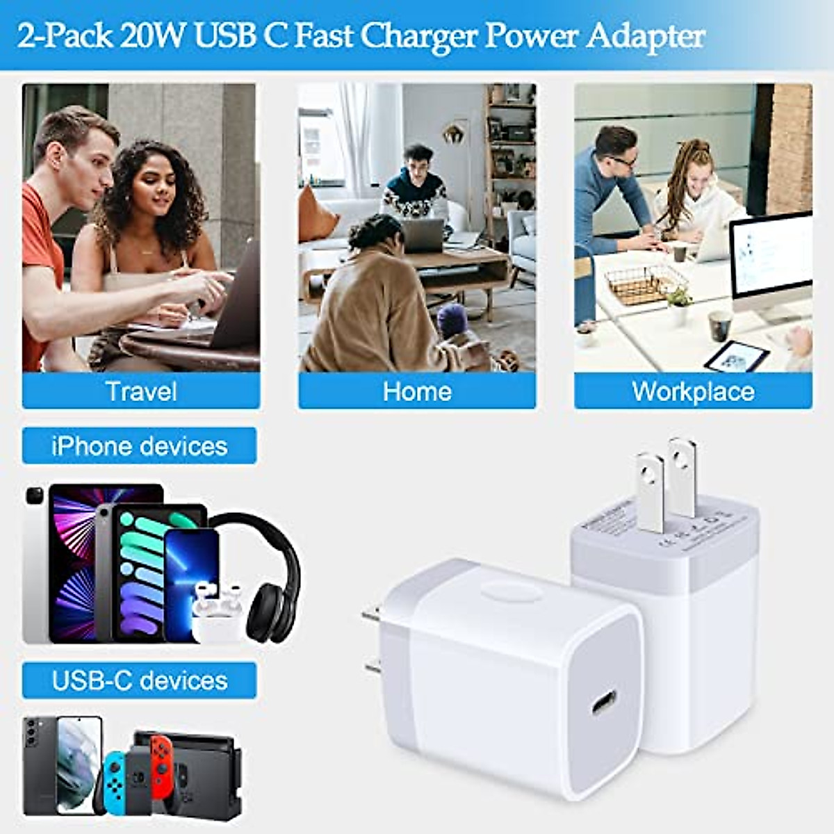 [2-Pack]USB C Wall Charger,20W Type C Charger Fast Charging Block USB C Power Adapter Wall Plug for Samsung Galaxy A14,A13,A03s,S23,S22Ultra,A53,S21,S21 FE;iPhone 14 Pro,13,12 Pro,Google Pixel 6,6 Pro