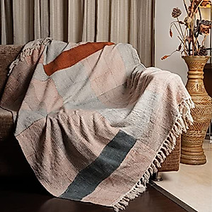 HOMEMONDE Boho Throw Blanket with Tassels 68x50 Inches Block Print Hand Woven Warm Blankets for Rustic Farmhouse