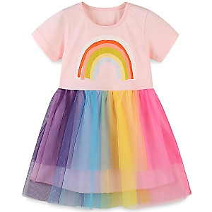 Toddler Girl Dress Short Sleeve Summer Rainbow Clothes Cotton Casual Playwear Tunic Outfit Dresses(1035-4T)