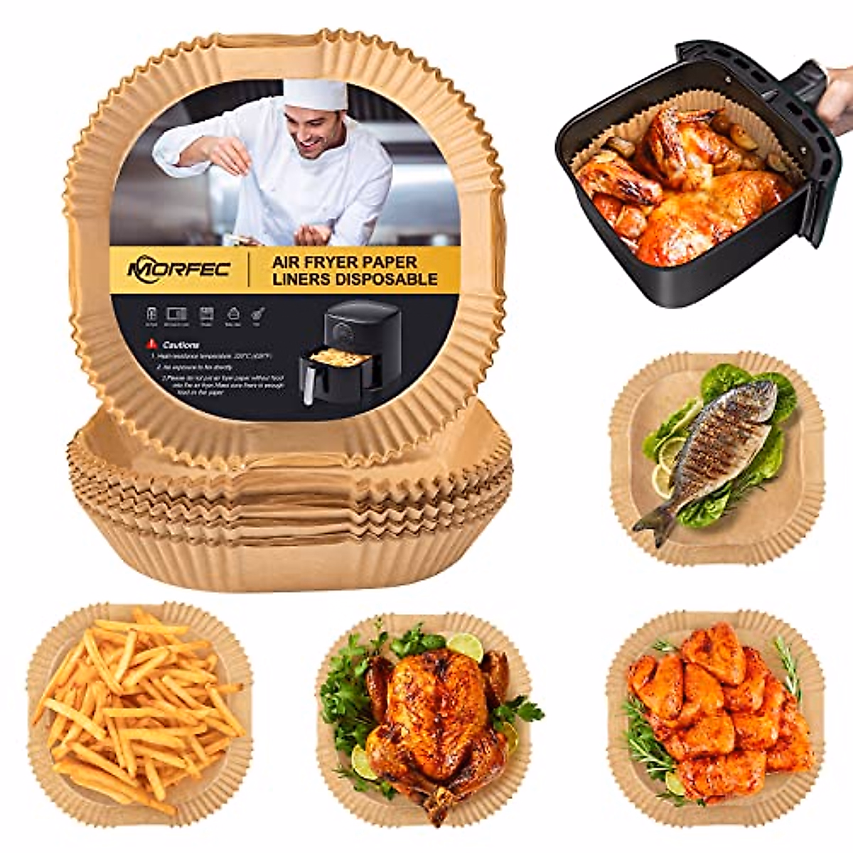Air Fryer Liners Disposable Paper - 130 Pcs 8In Square Parchment Paper Liners, Non-Stick Airfryer liners Fit 5 6 7 8 QT for Air Frying, Baking, Roasting Microwave